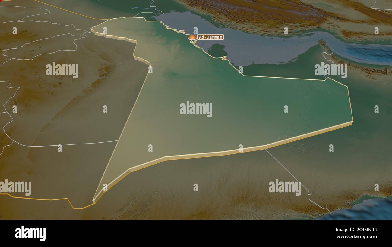 Zoom in on Ash Sharqiyah (region of Saudi Arabia) extruded. Oblique ...
