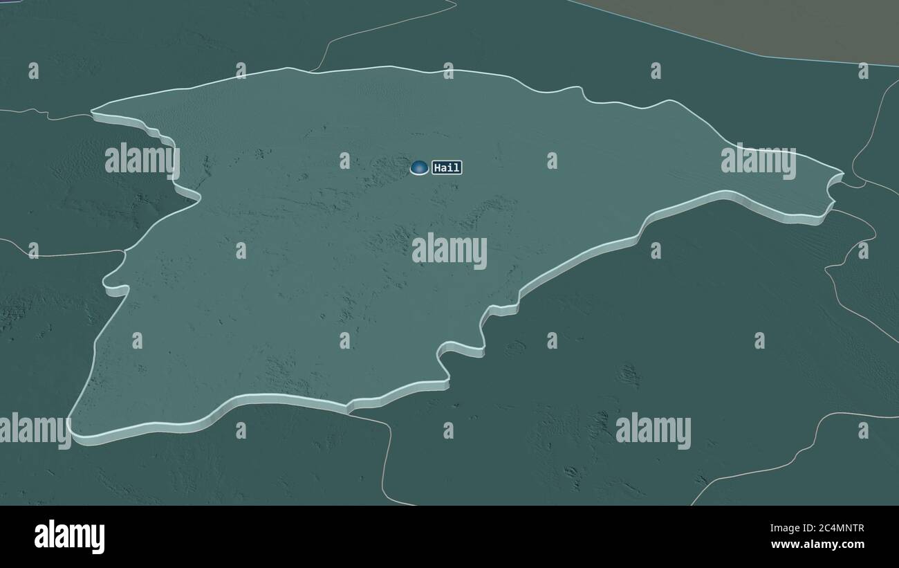 Zoom in on Ha'il (region of Saudi Arabia) extruded. Oblique perspective ...