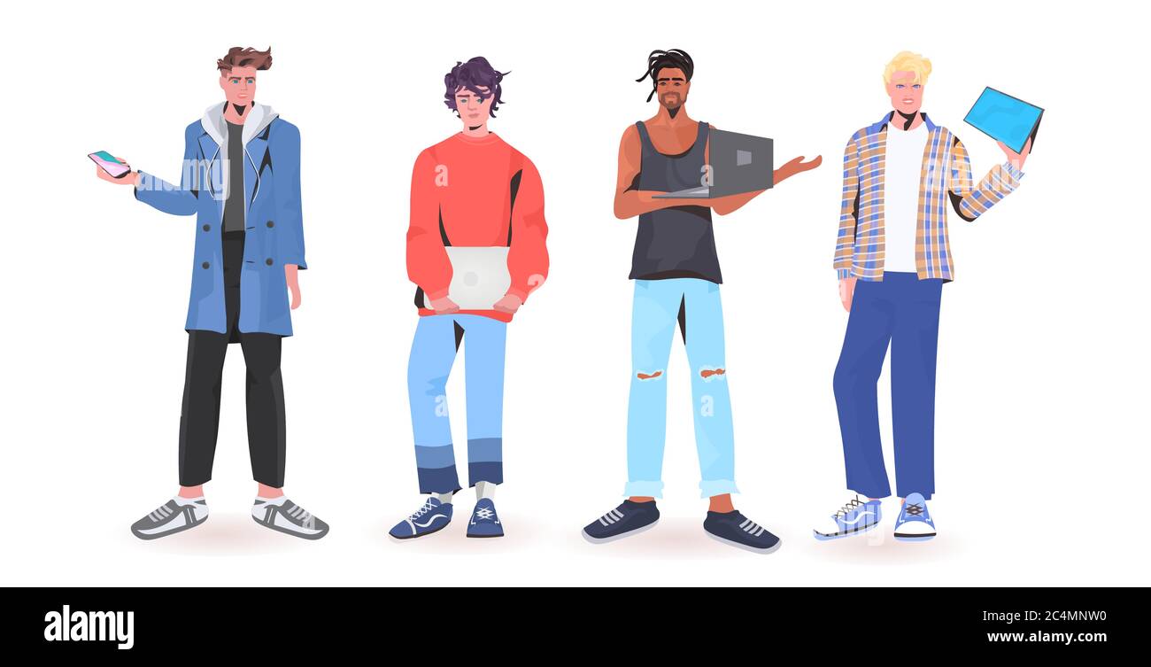 set men holding digital devices mix race guys in trendy clothes male ...