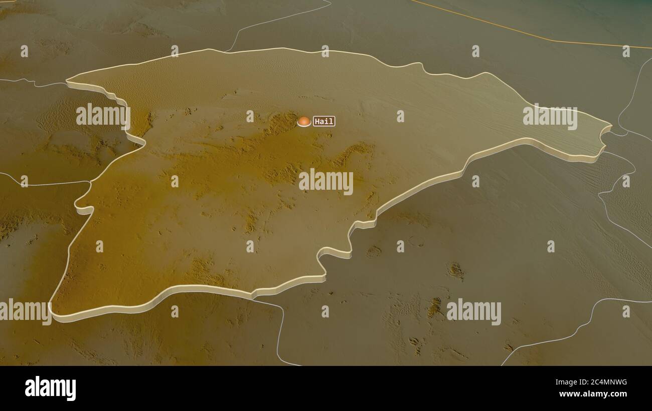 Zoom in on Ha'il (region of Saudi Arabia) extruded. Oblique perspective ...
