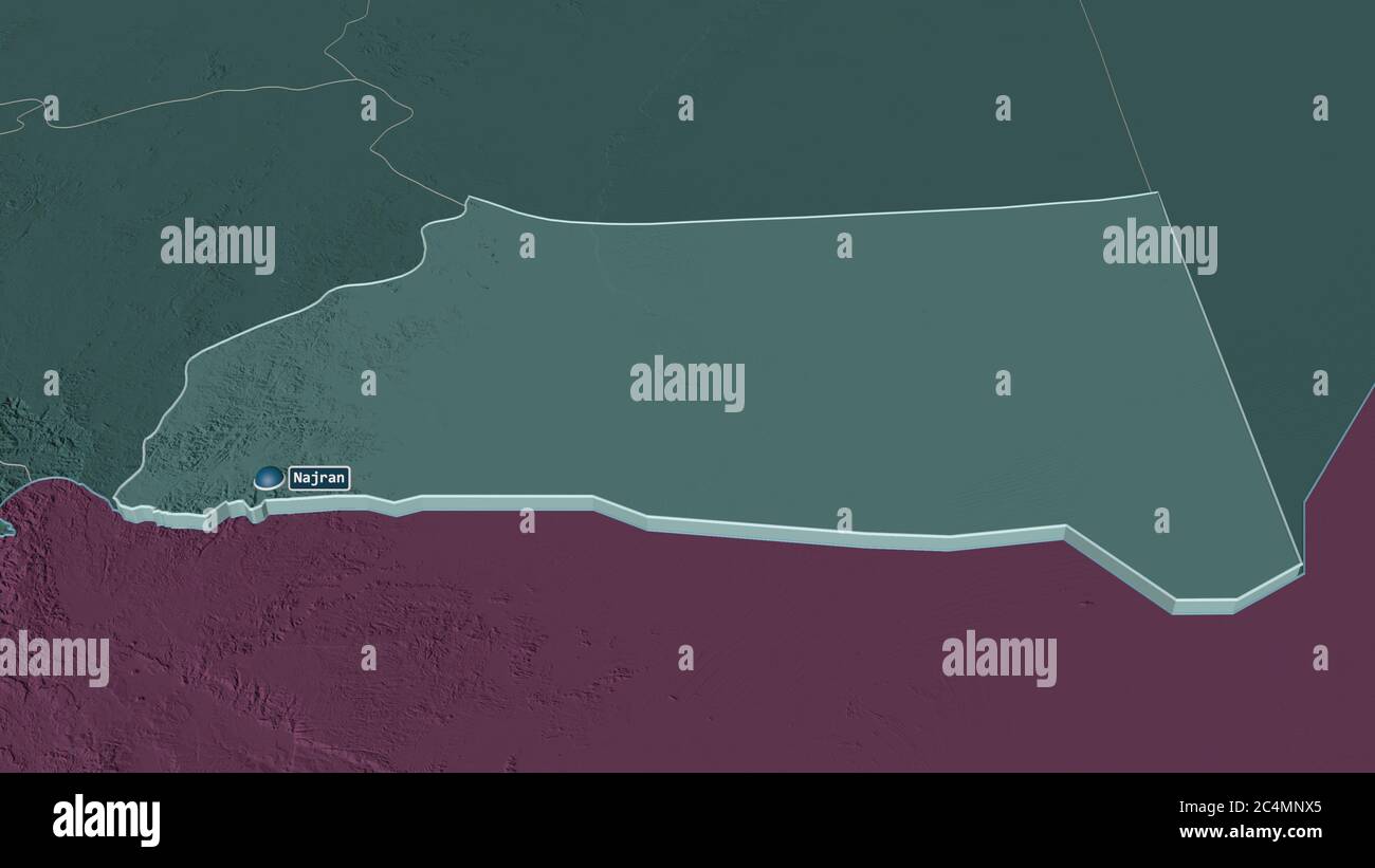 Zoom in on Najran (region of Saudi Arabia) extruded. Oblique ...
