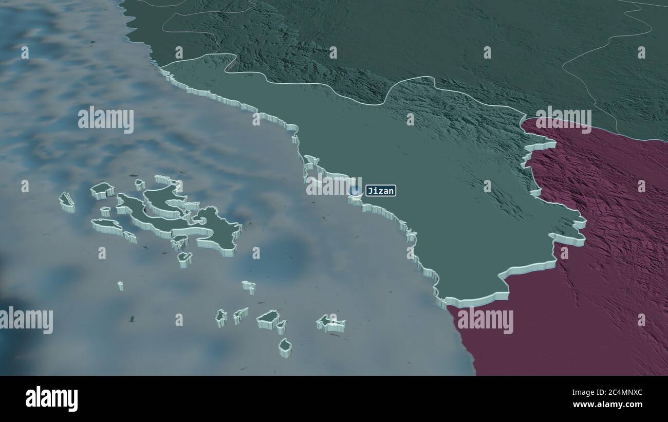 Zoom in on Jizan (region of Saudi Arabia) extruded. Oblique perspective ...