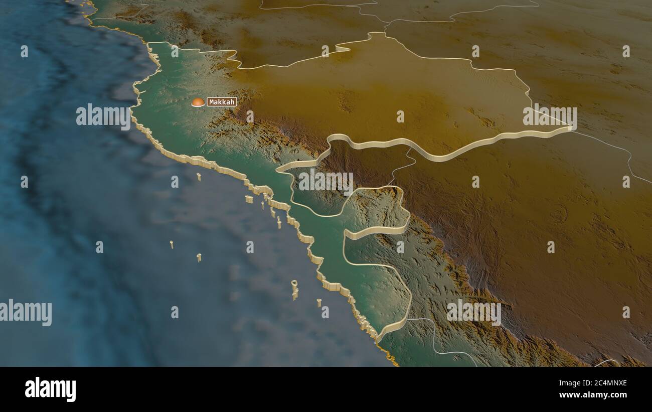 Zoom in on Makkah (region of Saudi Arabia) extruded. Oblique ...