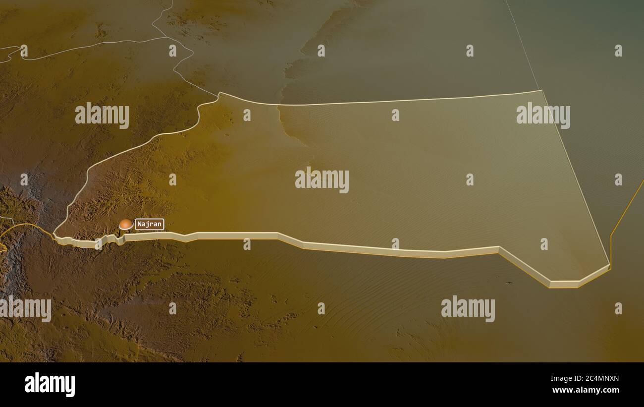 Zoom in on Najran (region of Saudi Arabia) extruded. Oblique ...