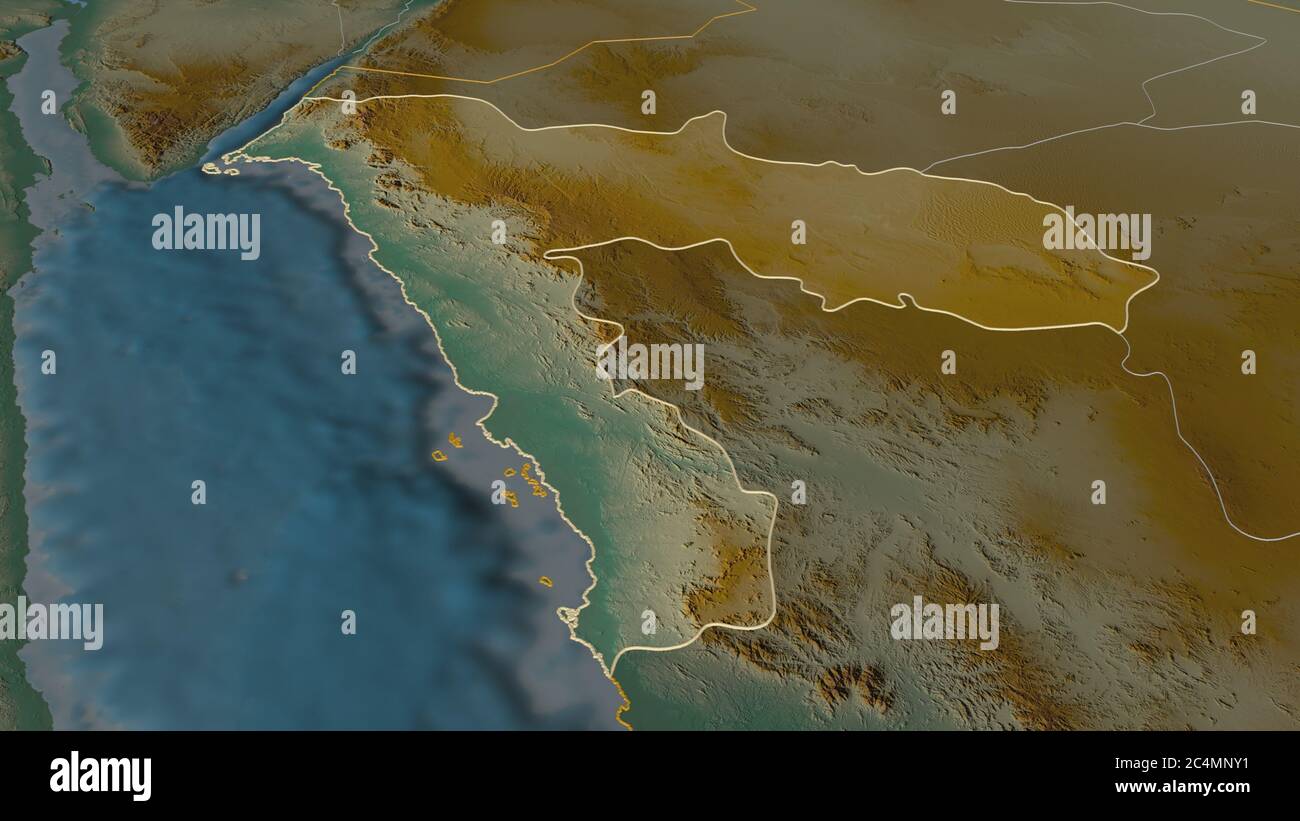 Zoom in on Tabuk (region of Saudi Arabia) outlined. Oblique perspective ...