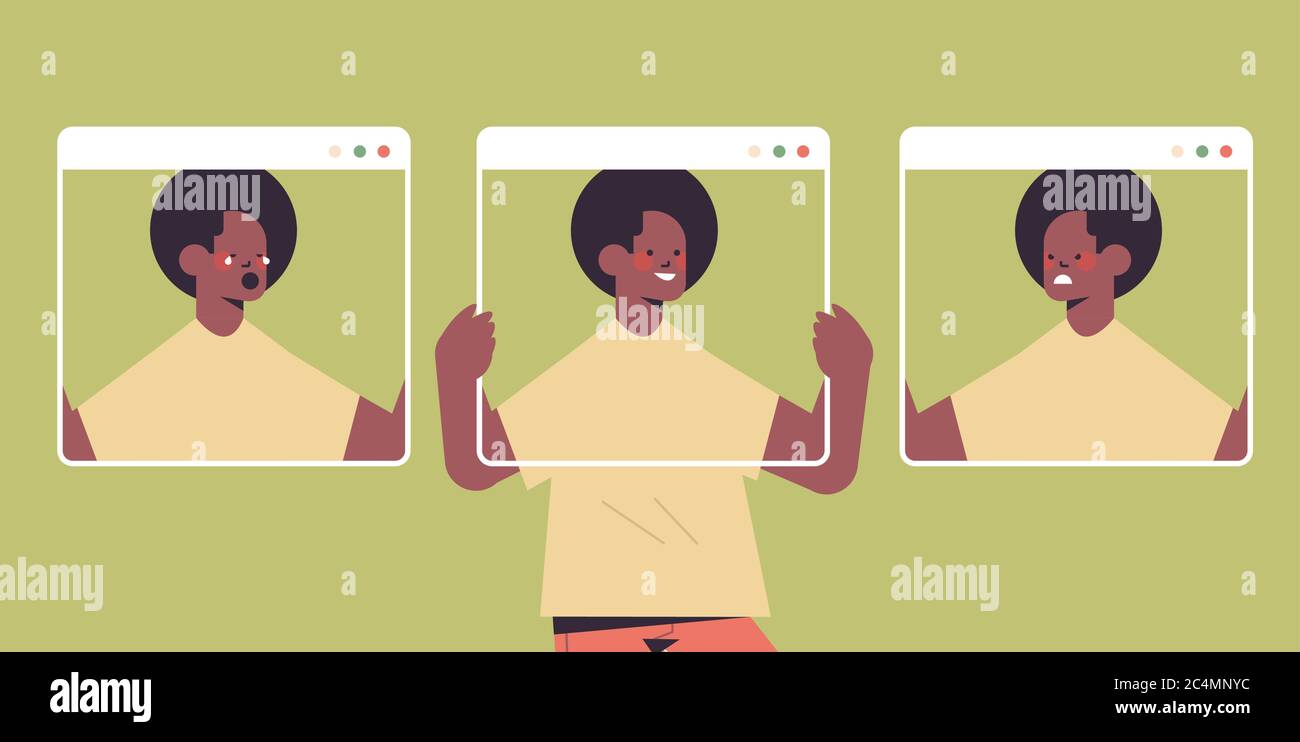 man holding screens with different masks guy covering face emotions ...