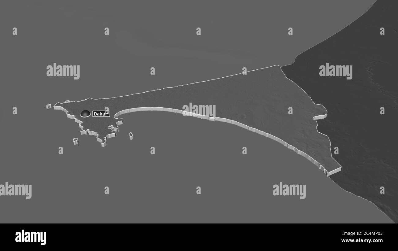 Zoom in on Dakar (region of Senegal) extruded. Oblique perspective ...