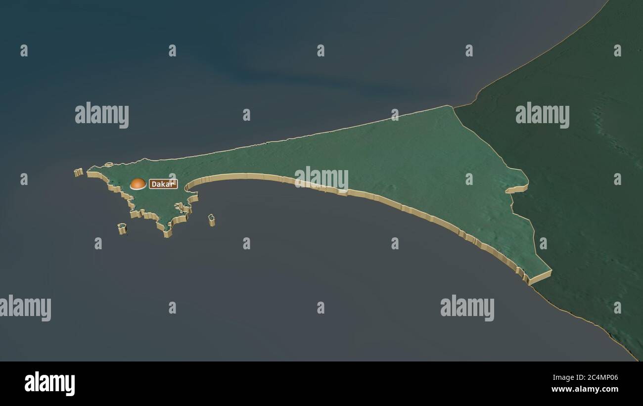 Zoom in on Dakar (region of Senegal) extruded. Oblique perspective ...