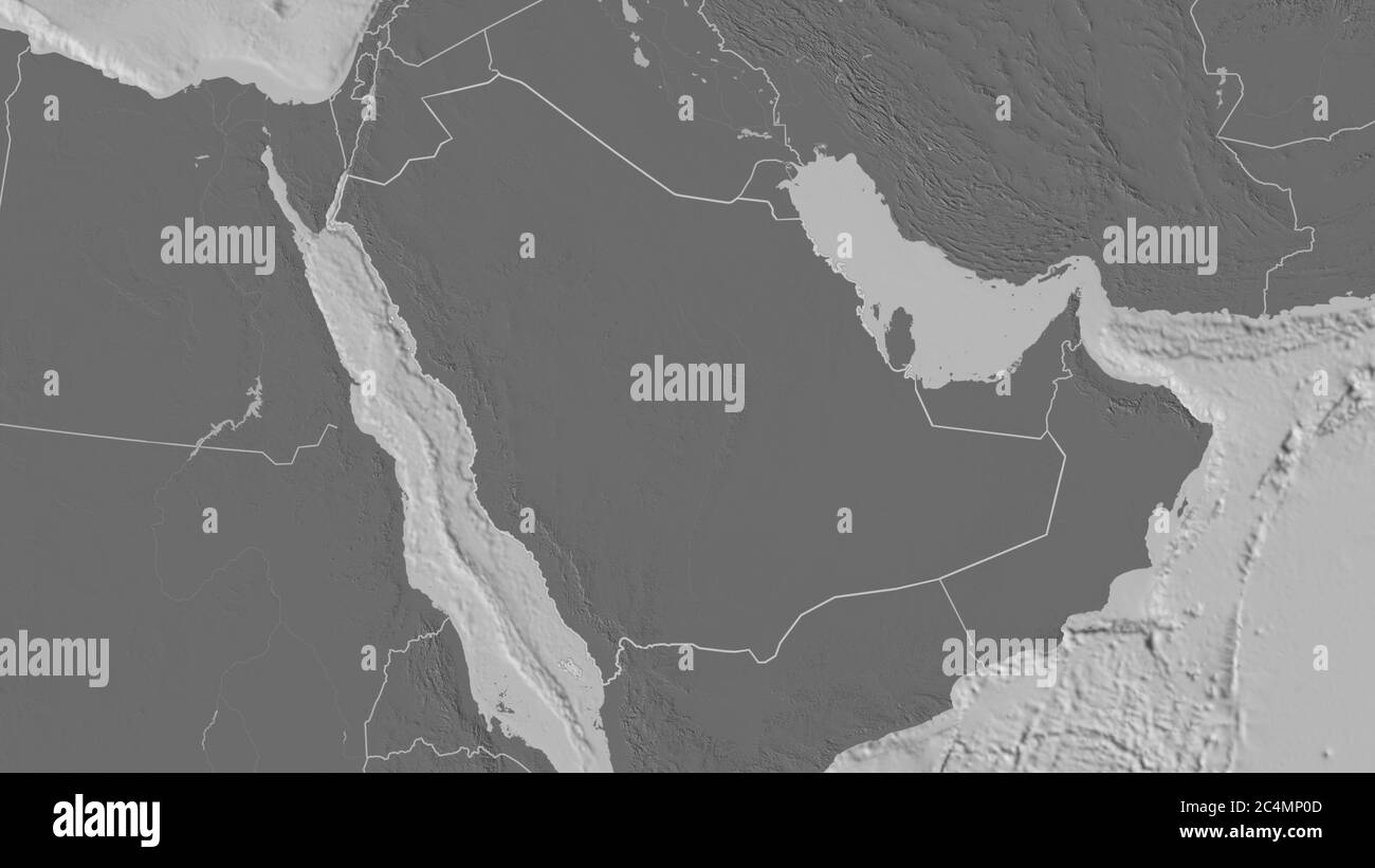 Outlined shape of the Saudi Arabia area. Bilevel elevation map with ...