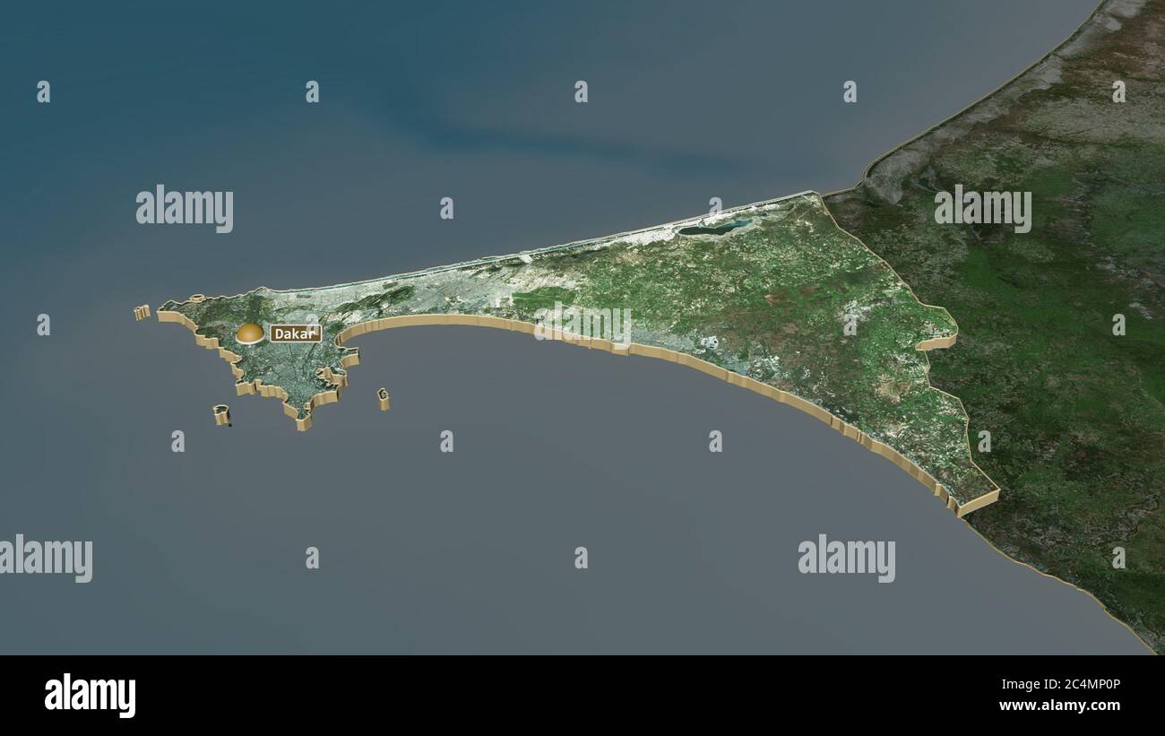 Zoom in on Dakar (region of Senegal) extruded. Oblique perspective ...