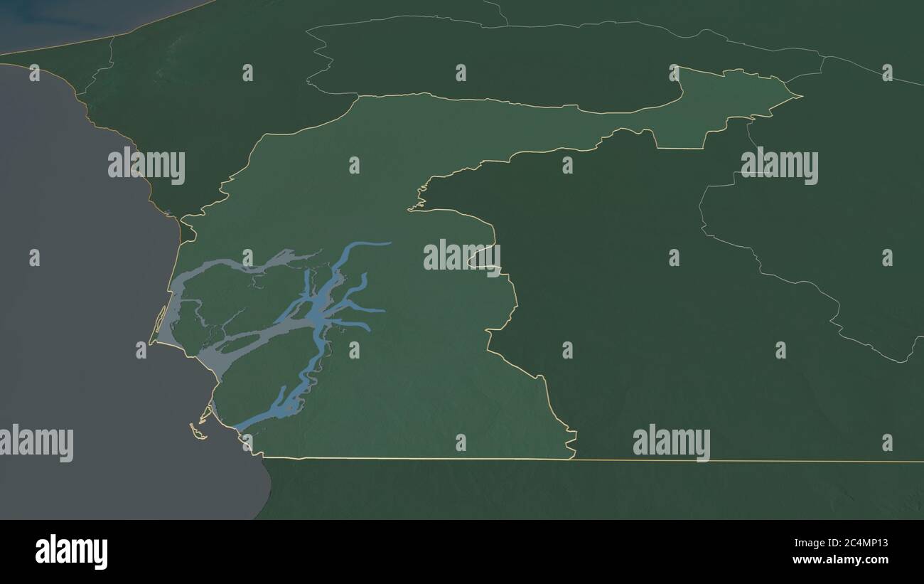 Zoom in on Fatick (region of Senegal) outlined. Oblique perspective ...