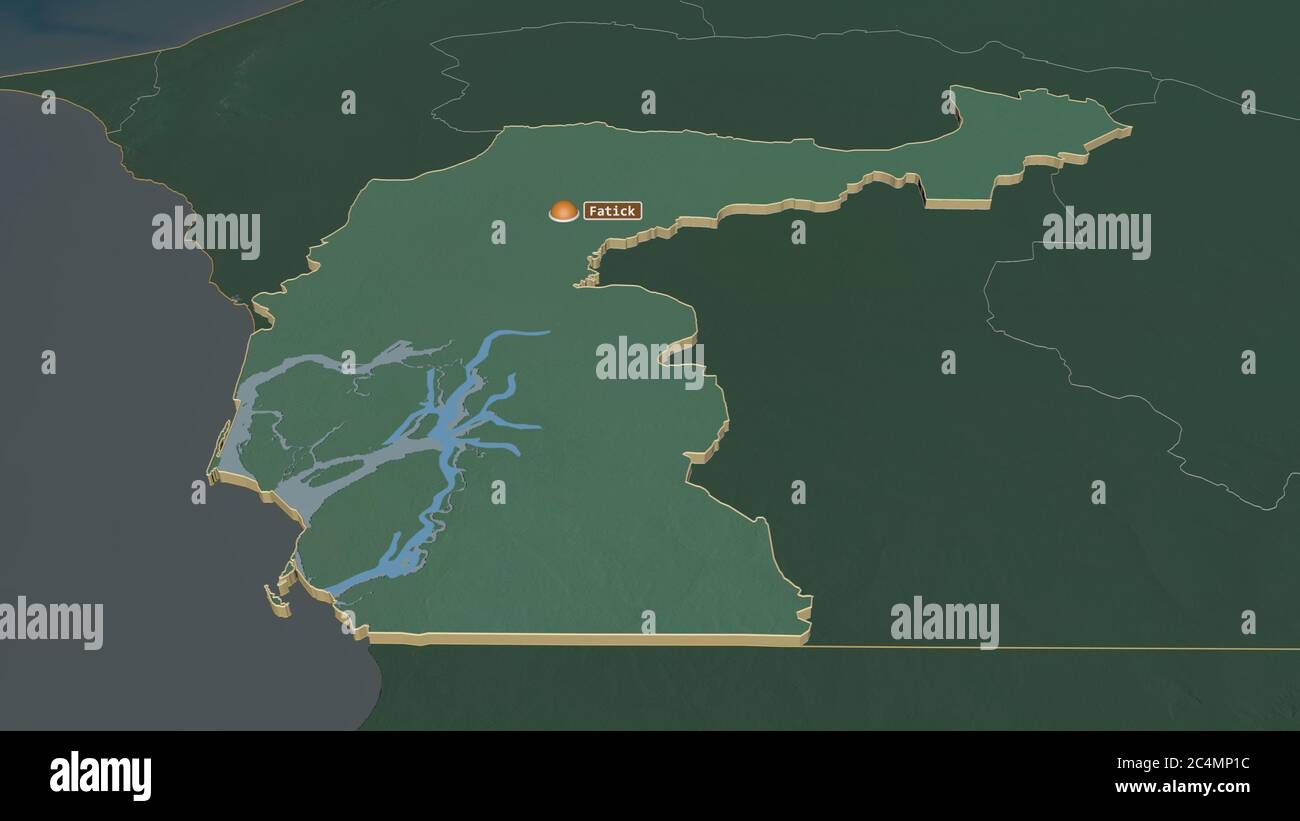 Zoom in on Fatick (region of Senegal) extruded. Oblique perspective ...