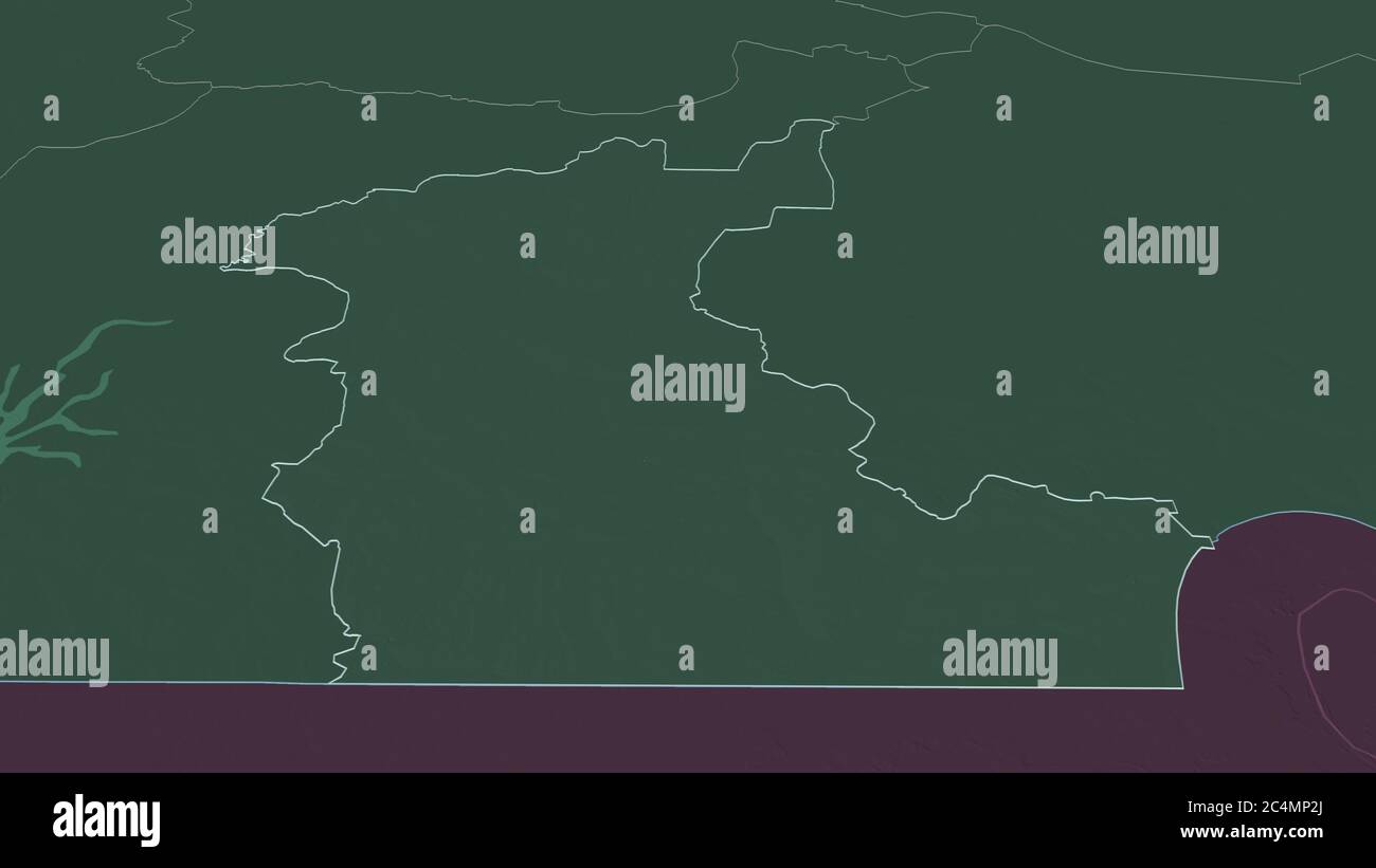 Zoom in on Kaolack (region of Senegal) outlined. Oblique perspective ...
