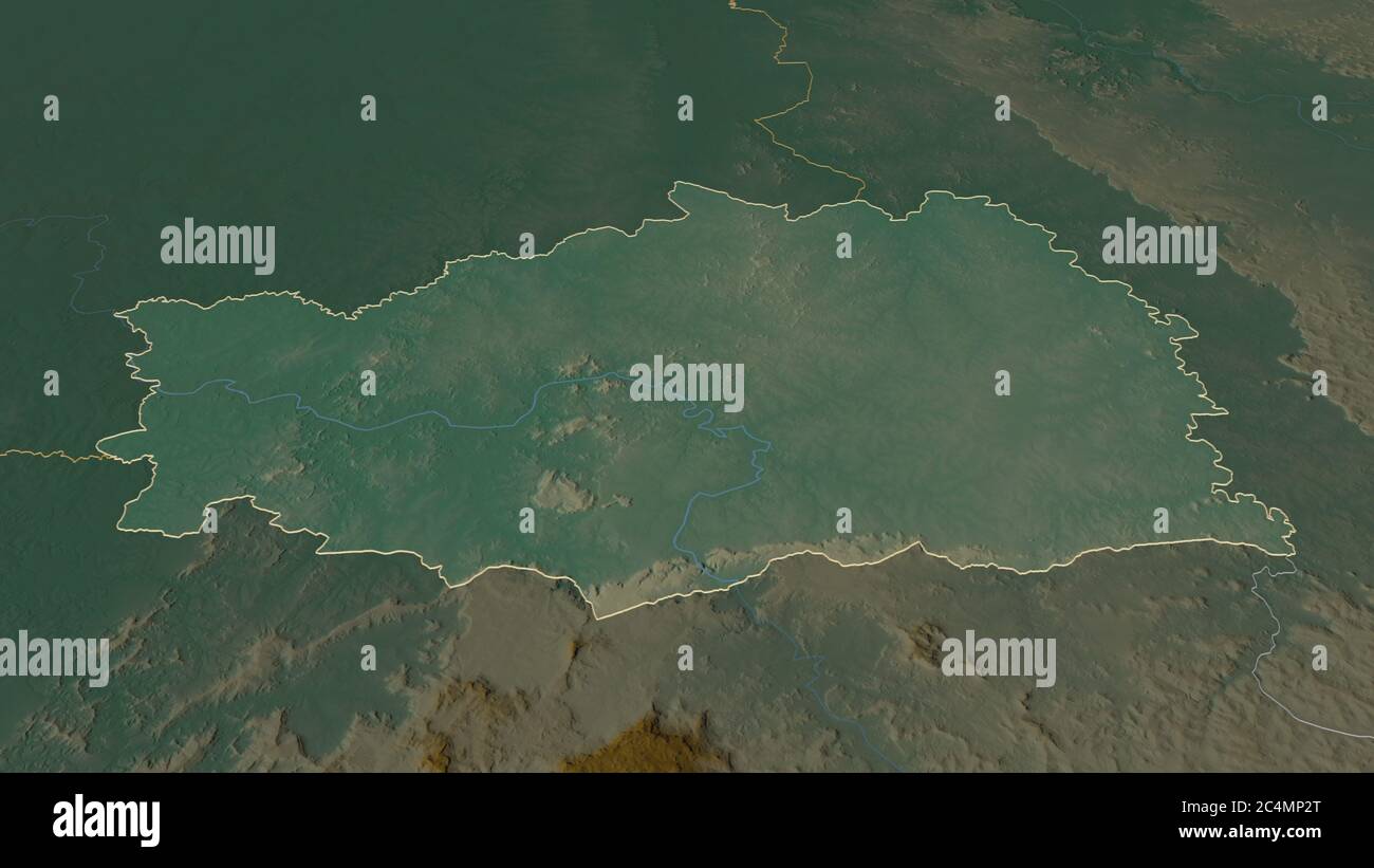 Zoom in on Kédougou (region of Senegal) outlined. Oblique perspective ...