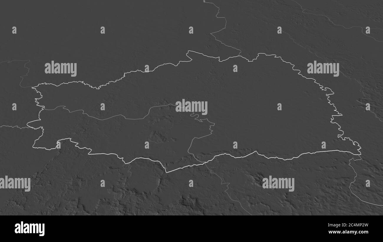 Zoom in on Kédougou (region of Senegal) outlined. Oblique perspective ...