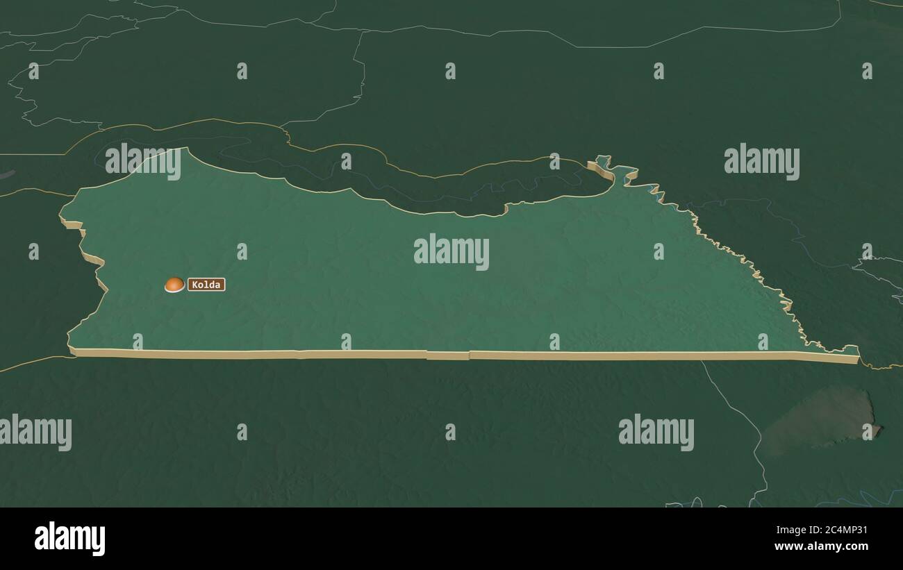 Zoom in on Kolda (region of Senegal) extruded. Oblique perspective ...