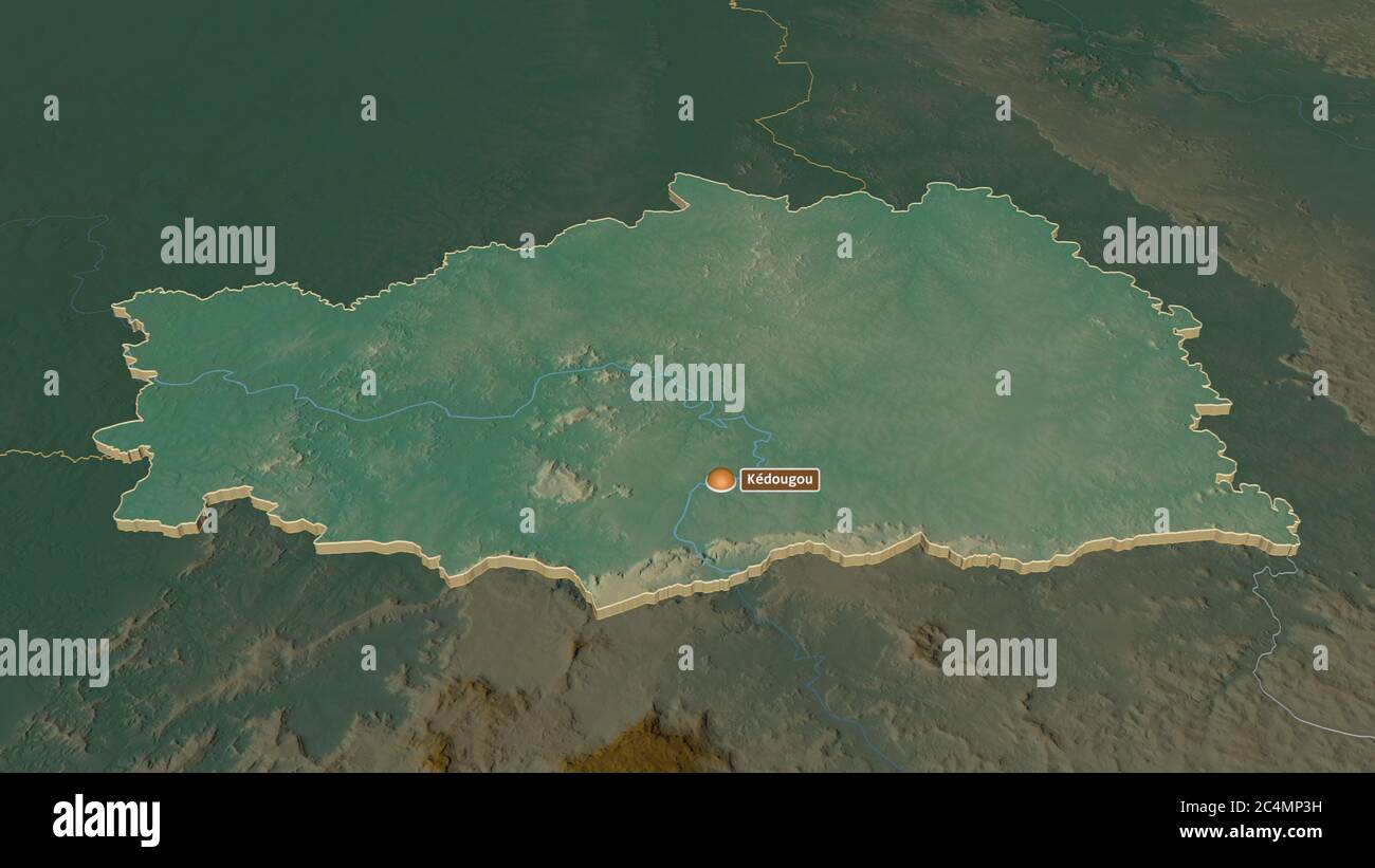 Zoom in on Kédougou (region of Senegal) extruded. Oblique perspective ...