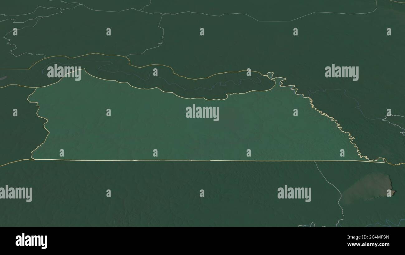 Zoom in on Kolda (region of Senegal) outlined. Oblique perspective ...