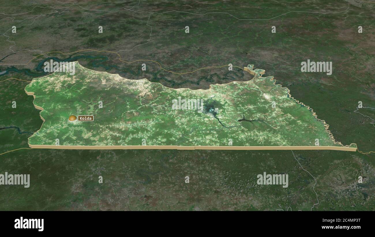 Zoom in on Kolda (region of Senegal) extruded. Oblique perspective ...