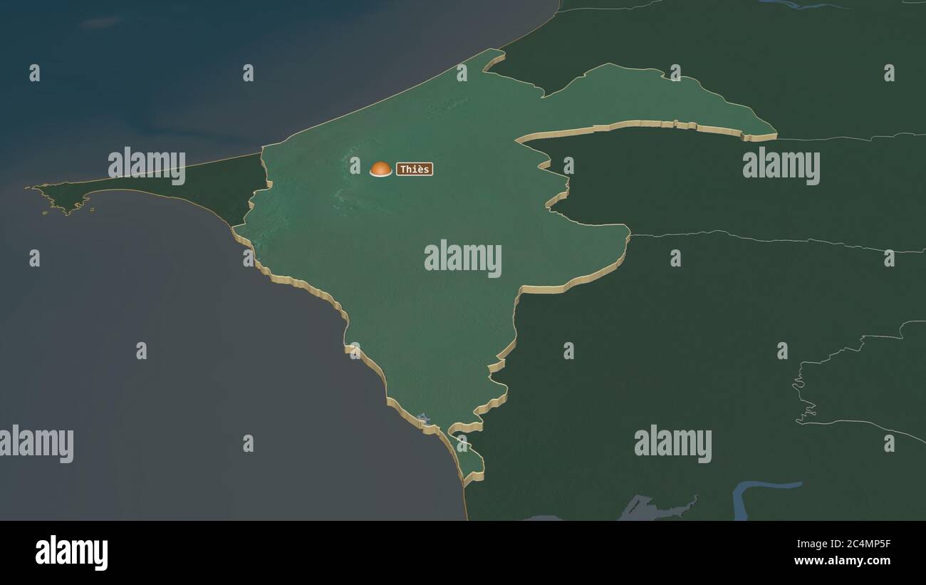 Zoom in on Thiès (region of Senegal) extruded. Oblique perspective ...