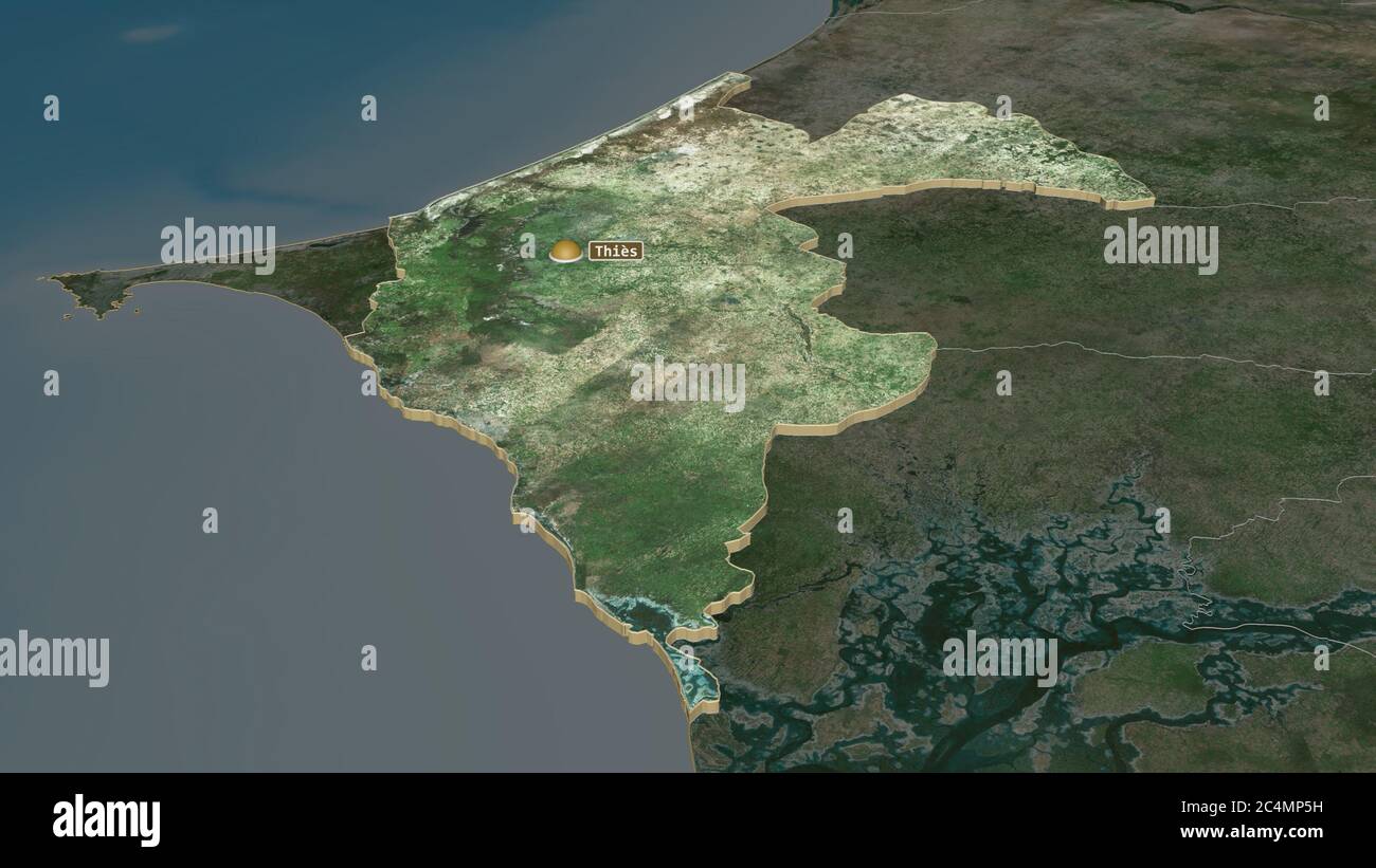 Zoom in on Thiès (region of Senegal) extruded. Oblique perspective ...