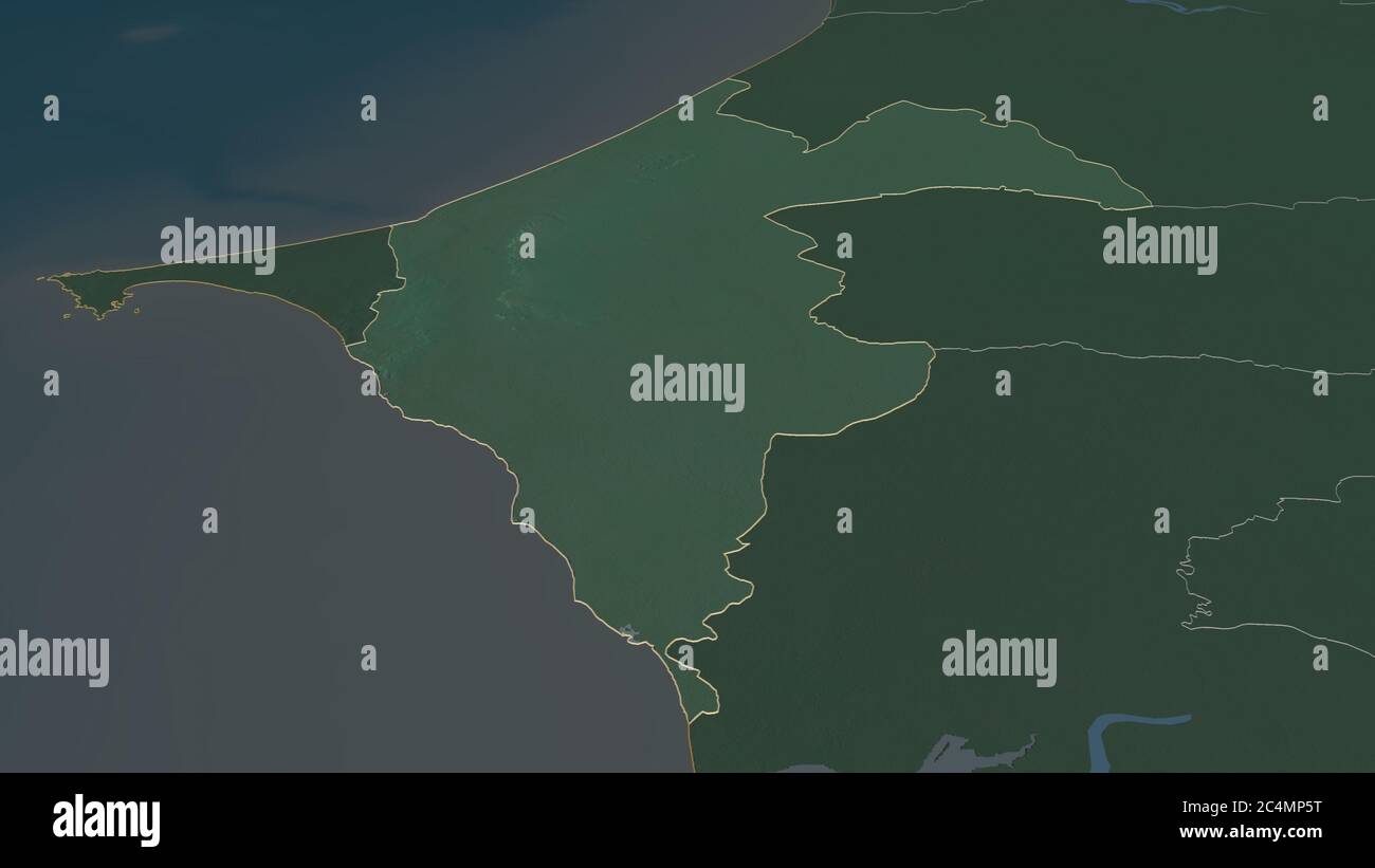 Zoom in on Thiès (region of Senegal) outlined. Oblique perspective ...