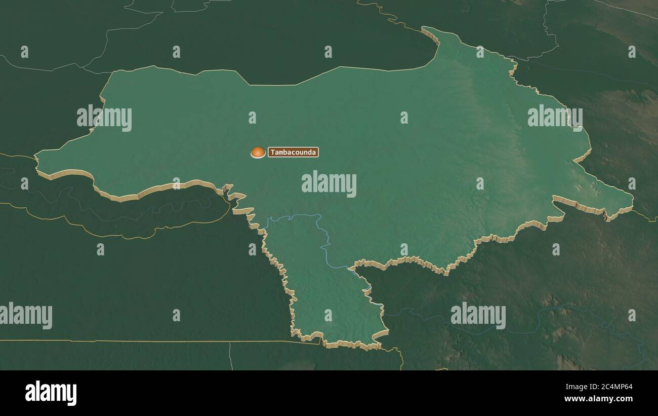 Zoom in on Tambacounda (region of Senegal) extruded. Oblique ...