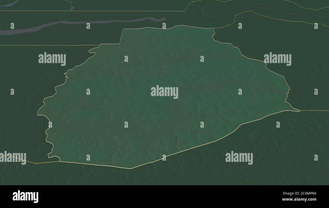 Zoom in on Sédhiou (region of Senegal) outlined. Oblique perspective ...