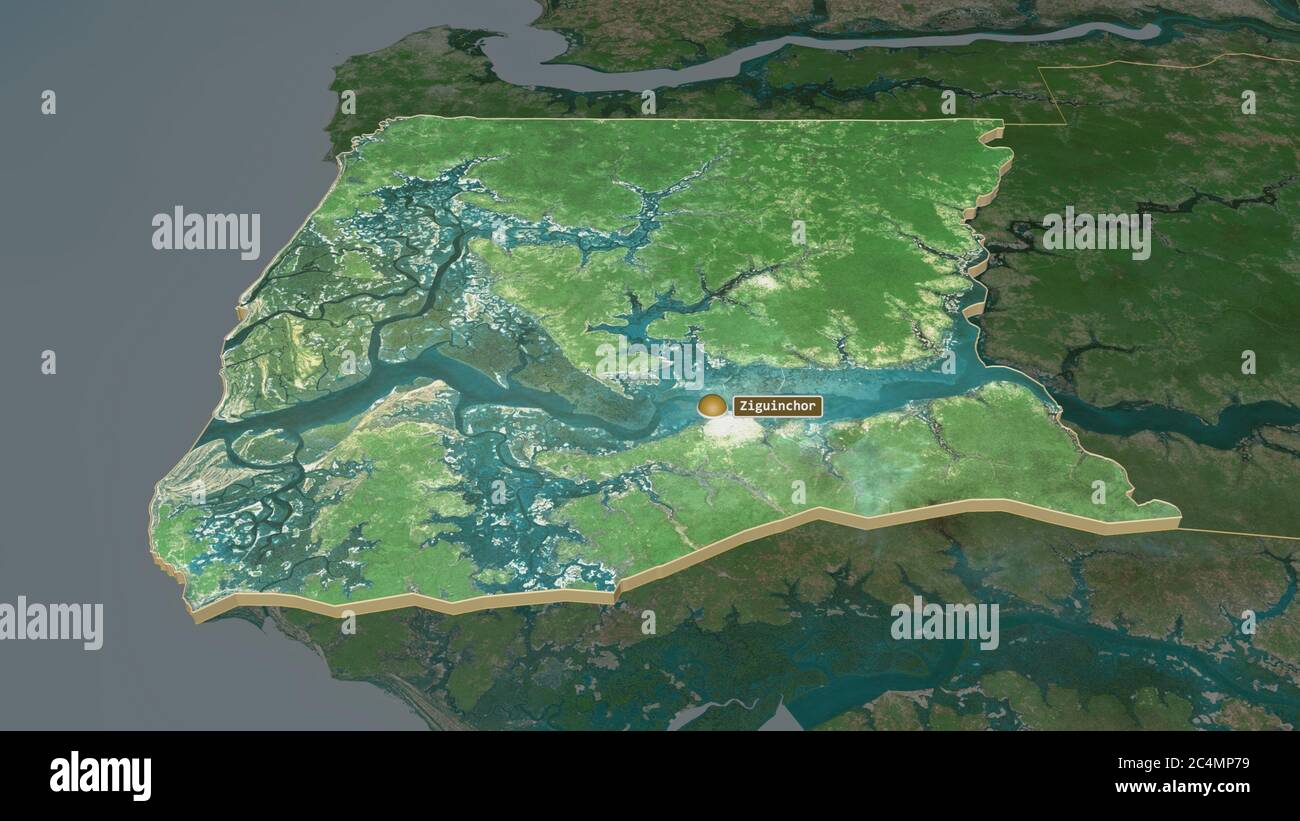 Zoom in on Ziguinchor (region of Senegal) extruded. Oblique perspective. Satellite imagery. 3D ...