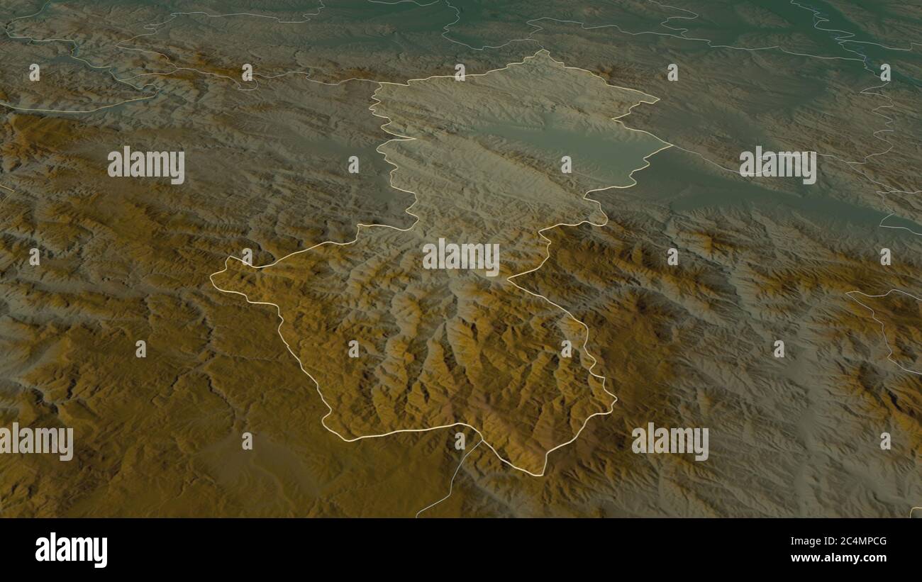 Zoom in on Moravički (district of Serbia) outlined. Oblique perspective ...