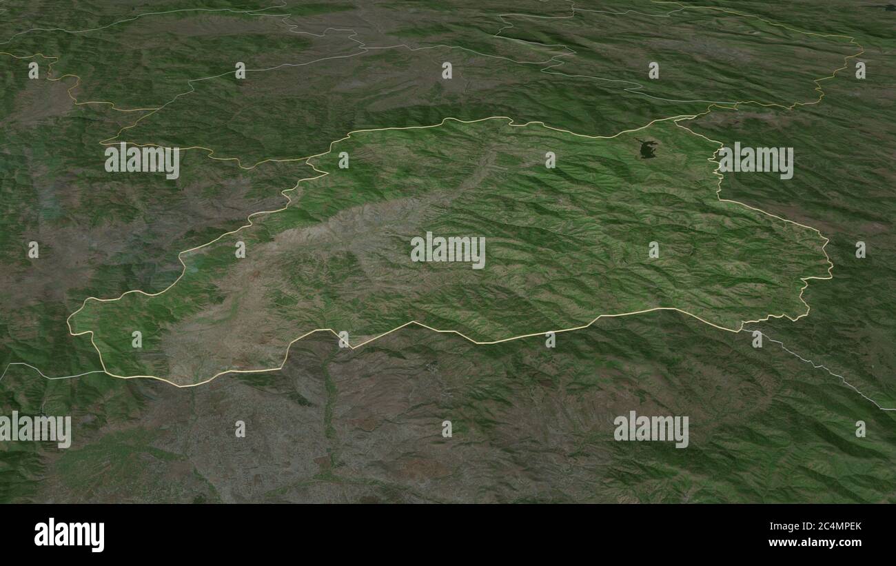 Zoom in on Pčinjski (district of Serbia) outlined. Oblique perspective ...