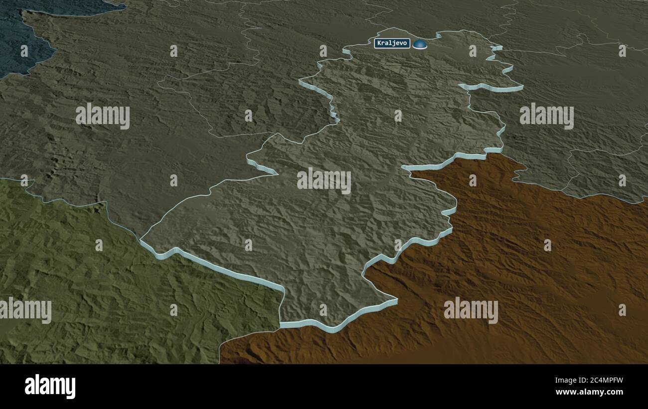 Zoom in on Raški (district of Serbia) extruded. Oblique perspective ...