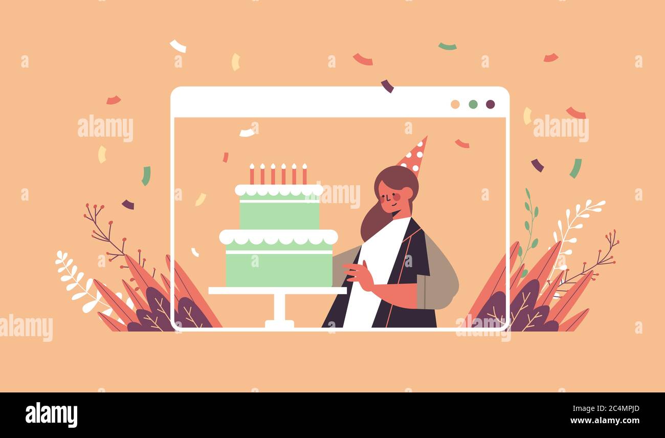 woman in funny festive hat celebrating online birthday party girl in ...