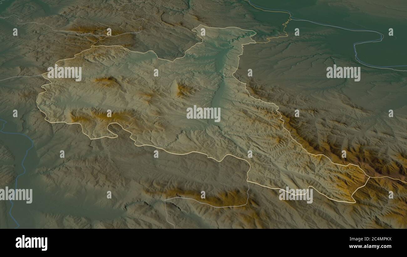 Zoom in on Zaječarski (district of Serbia) outlined. Oblique ...