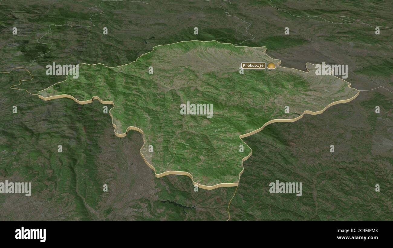Zoom in on Toplički (district of Serbia) extruded. Oblique perspective ...