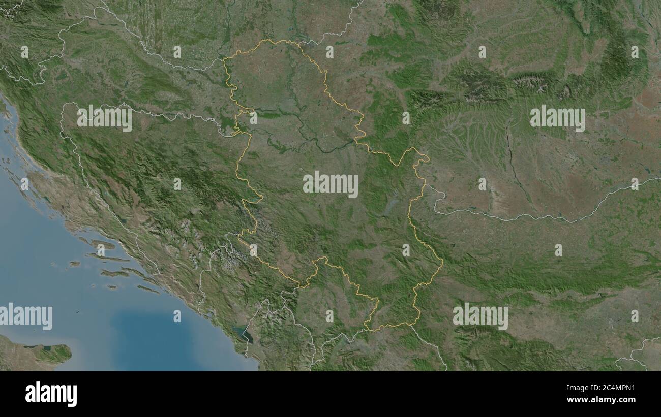 Outlined shape of the Serbia area. Satellite imagery. 3D rendering ...