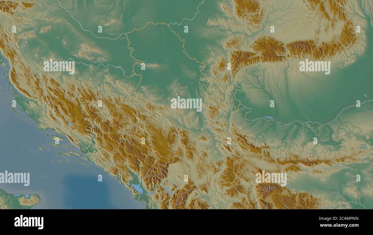 Outlined shape of the Serbia area. Topographic relief map with surface ...