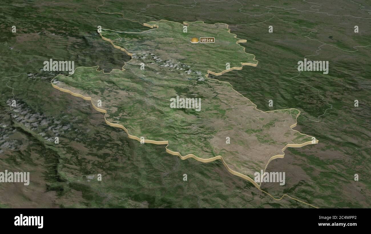 Zoom in on Zlatiborski (district of Serbia) extruded. Oblique ...