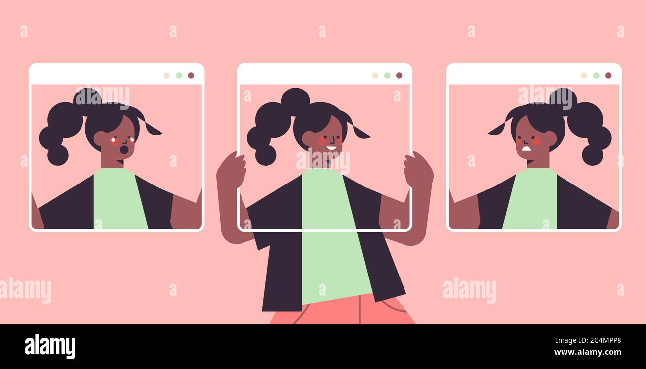 woman holding screens with different masks girl covering face emotions ...