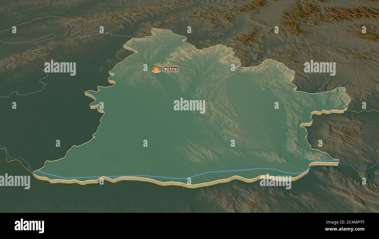 Zoom in on Nitriansky (region of Slovakia) extruded. Oblique ...