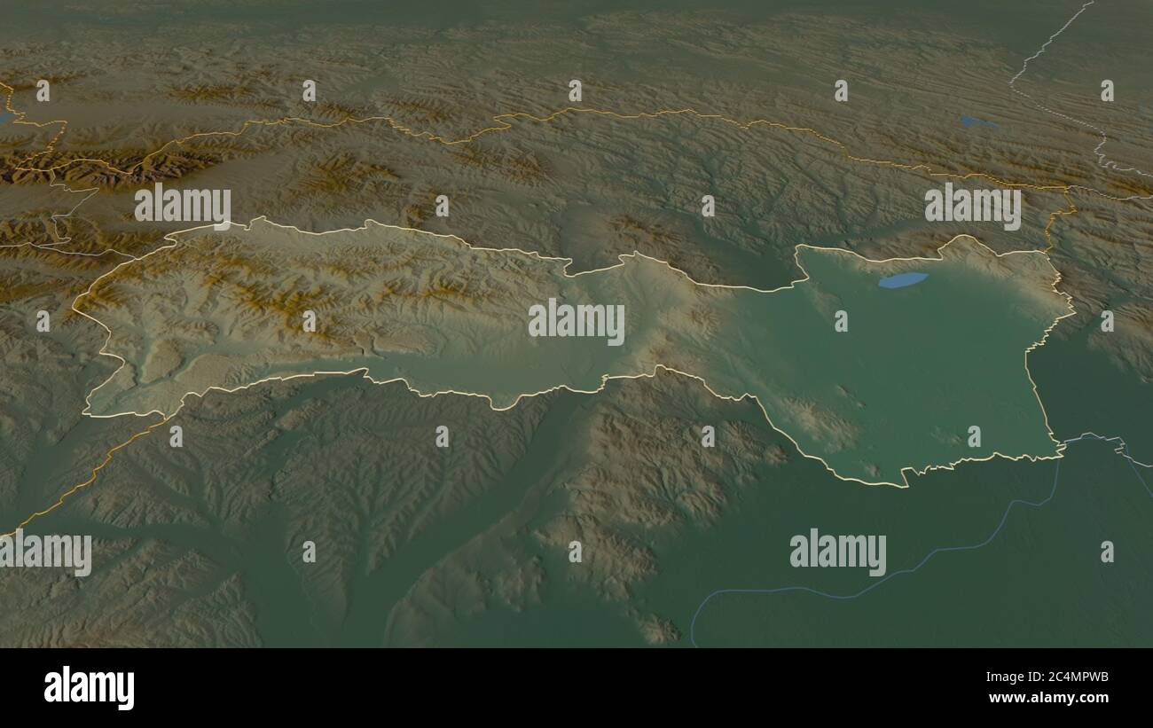 Zoom in on Košický (region of Slovakia) outlined. Oblique perspective ...