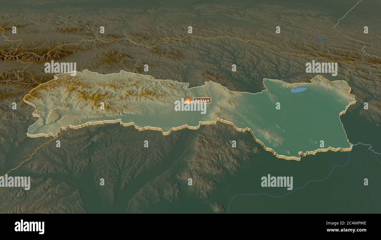 Zoom in on Košický (region of Slovakia) extruded. Oblique perspective ...