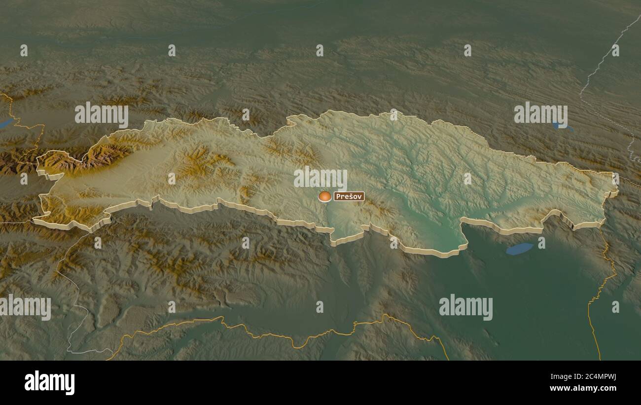 Zoom in on Prešovský (region of Slovakia) extruded. Oblique perspective ...