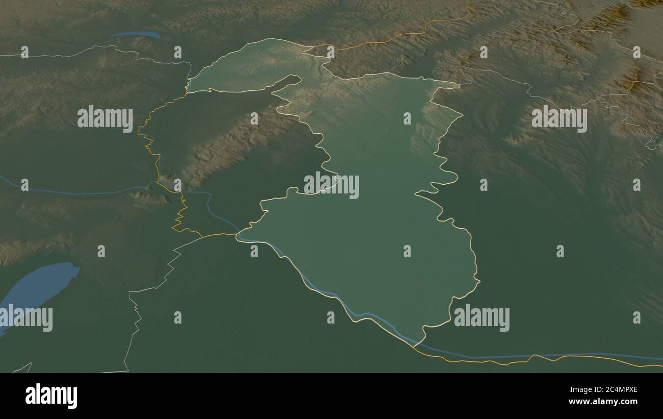 Zoom in on Trnavský (region of Slovakia) outlined. Oblique perspective ...