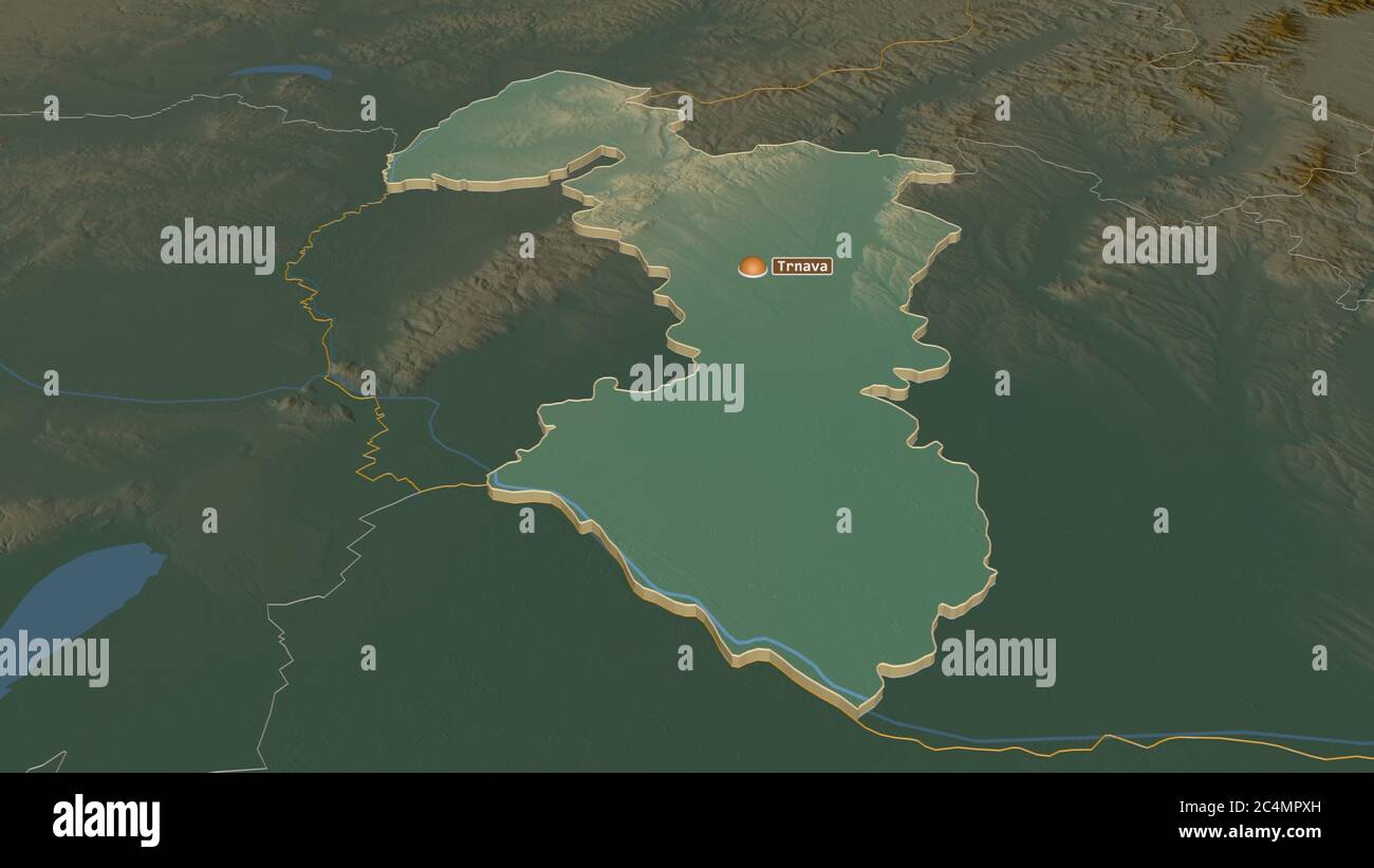 Zoom in on Trnavský (region of Slovakia) extruded. Oblique perspective ...