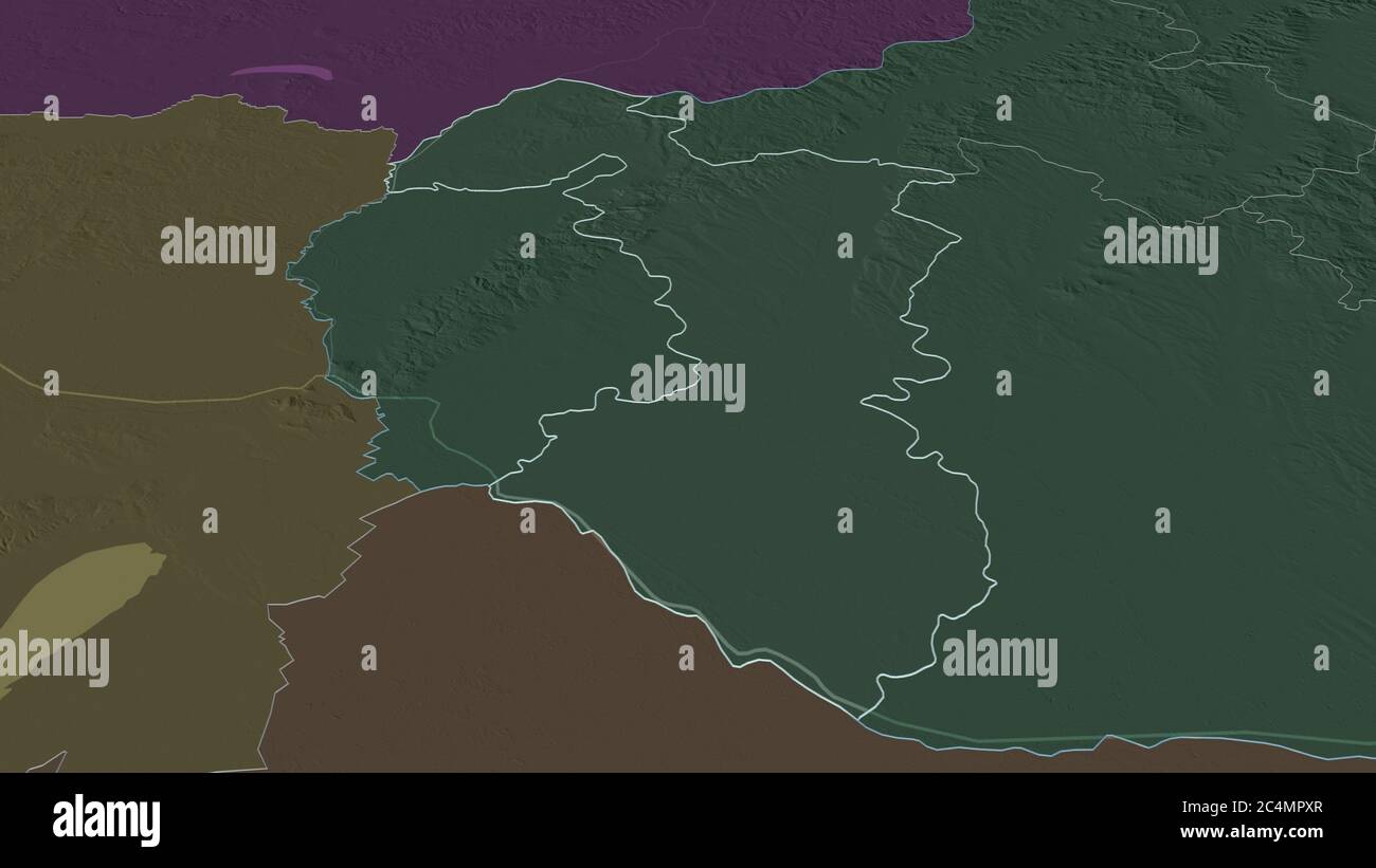 Zoom in on Trnavský (region of Slovakia) outlined. Oblique perspective ...