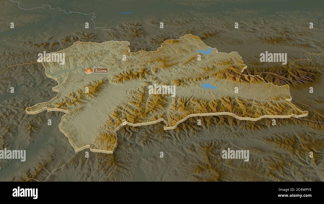Zoom in on Žilinský (region of Slovakia) extruded. Oblique perspective ...