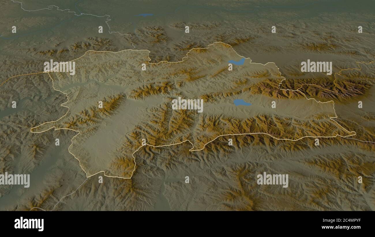 Zoom in on Žilinský (region of Slovakia) outlined. Oblique perspective ...