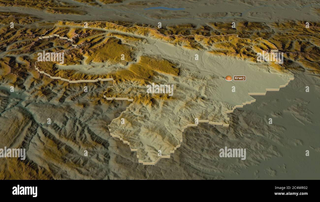 Zoom in on Gorenjska (statistical region of Slovenia) extruded. Oblique ...