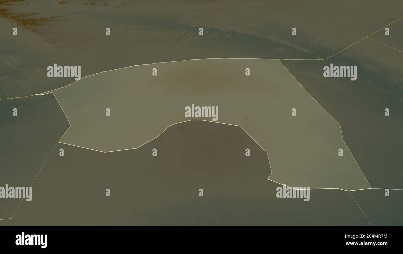 Zoom in on Bakool (region of Somalia) outlined. Oblique perspective ...